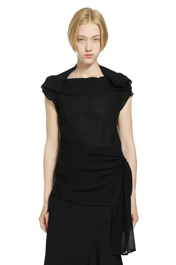 YEHUAFAN Sleeveless Cowl Neck Top With Asymmetric Hem And Knot Detailing