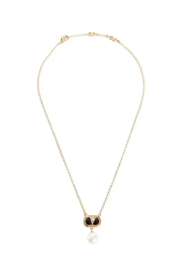Valentino Garavani Oval Enamelled Vlogo Necklace With Pearl - Gold