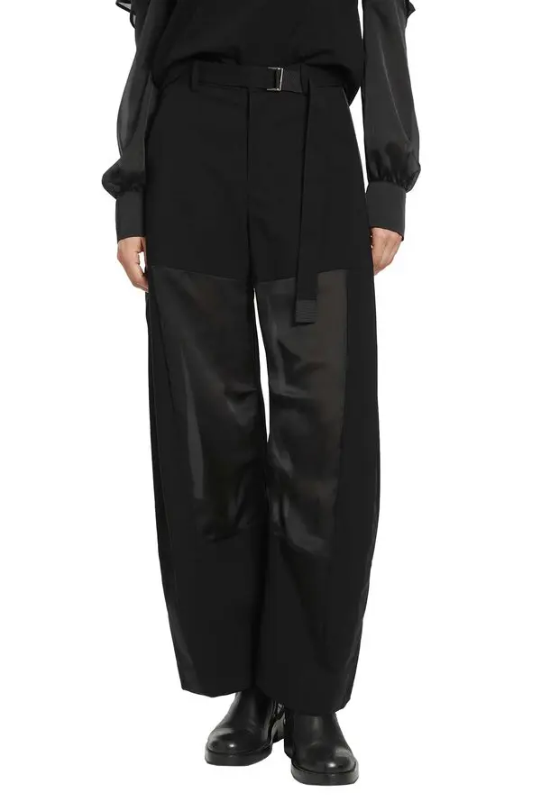 Sacai Wool Twill Wide-leg Pants With Spliced Sheer Panels