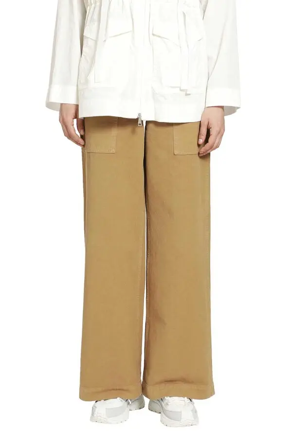 Moncler Leather Logo Cotton Wide Leg Trousers - Brown