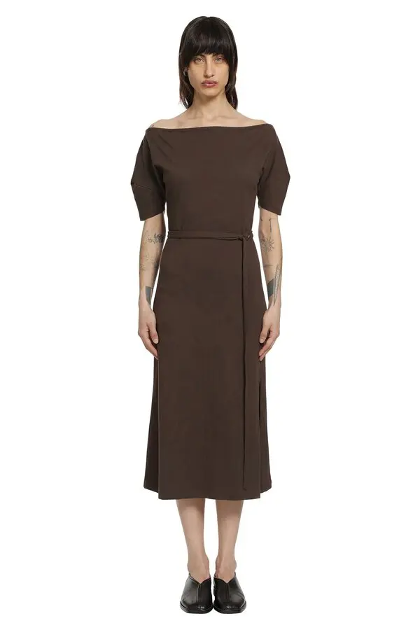 LEMAIRE Off-shoulder Midi Dress With Belt - Brown