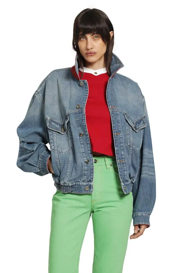 Versace Boxy Denim Blouson With Leather Trim