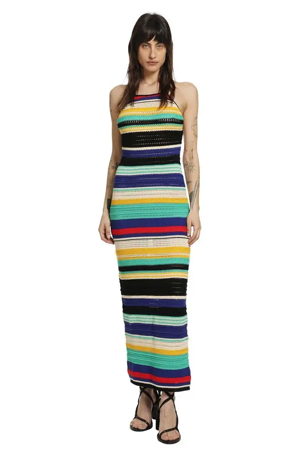 LANEUS Striped Crochet Maxi Dress - Multicolor