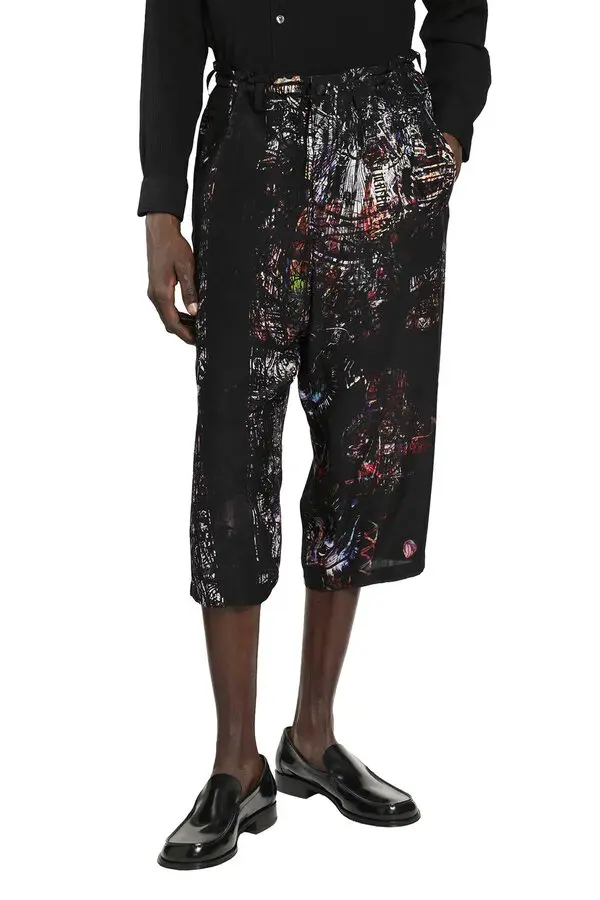 Yohji Yamamoto Silk Satin Stained Glass Print Bermuda Shorts - Black