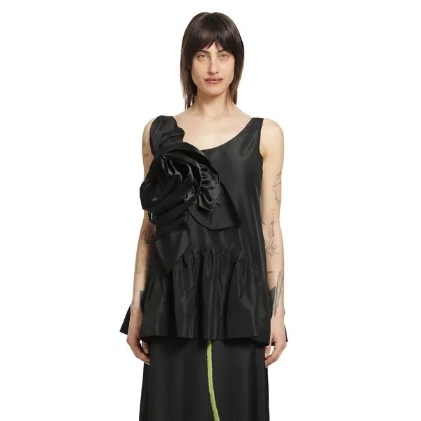 Simone Rocha Pressed Rosette Tilted Neck Peplum Top - Black