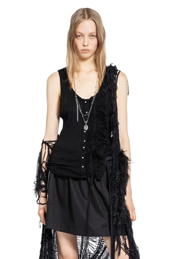 ANN DEMEULEMEESTER Sleeveless Pointelle Knit Top With Ruffle Accents