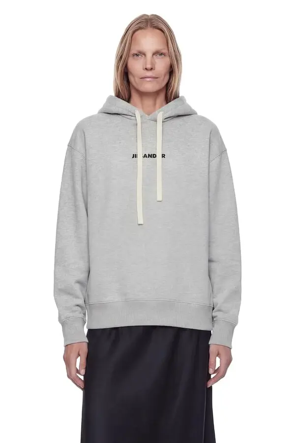 JIL SANDER Logo Print Cotton Hoodie - Grey