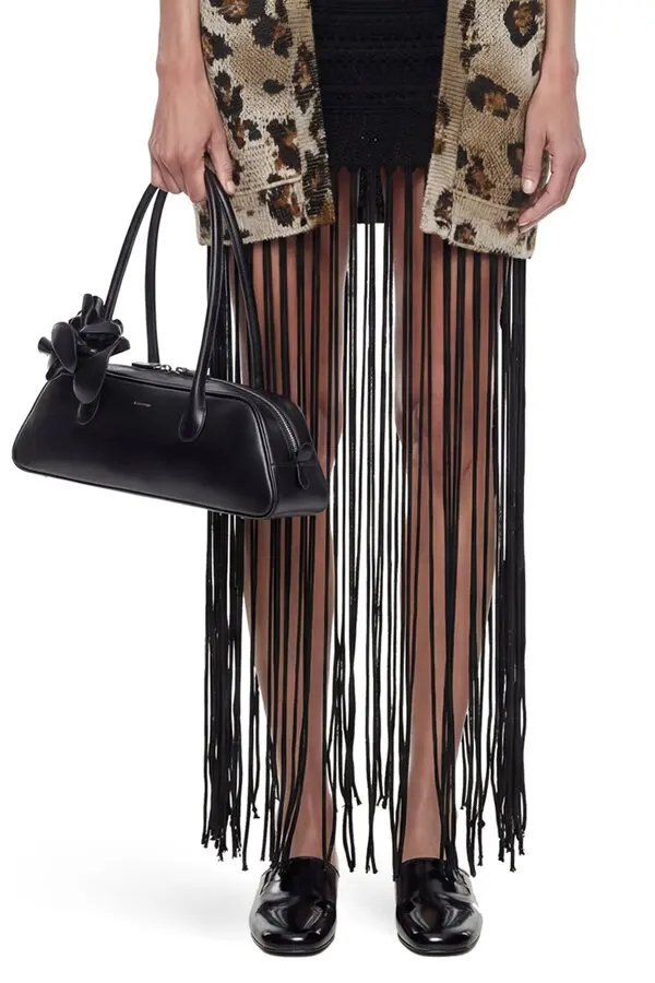 LANEUS Fringed Crochet Knit Skirt - Black