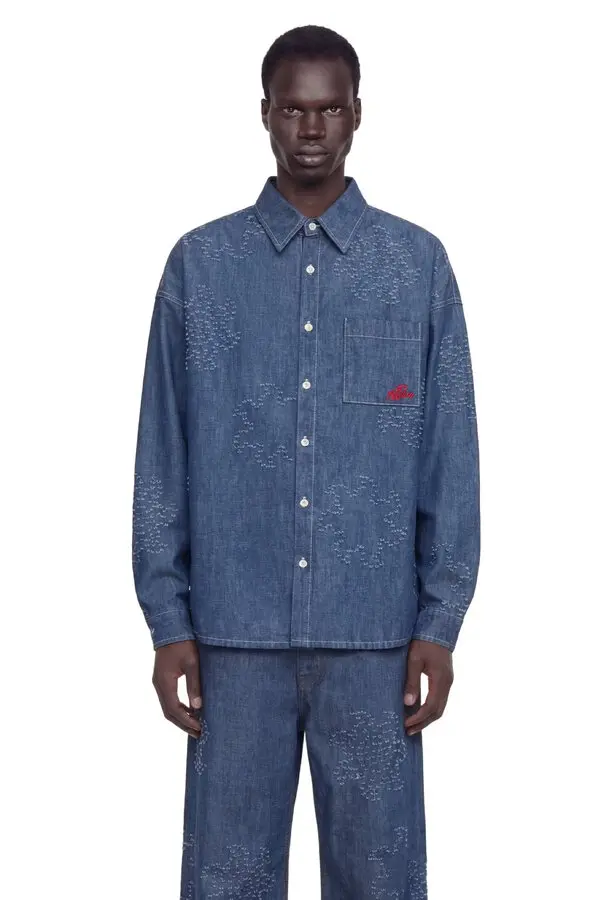 Marni Frayed Sun Motif Shirt In Chambray