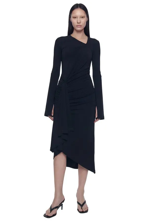 NVL GARDE Asymmetrical V-neck Long Sleeve Wrap Dress - Black
