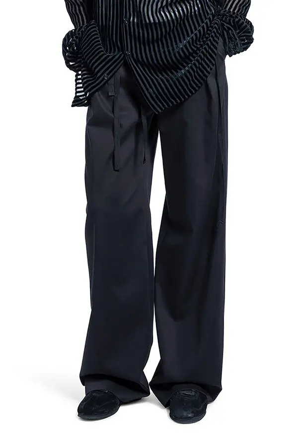 ANN DEMEULEMEESTER Cotton Twill Wide Leg Pleated Trousers - Black