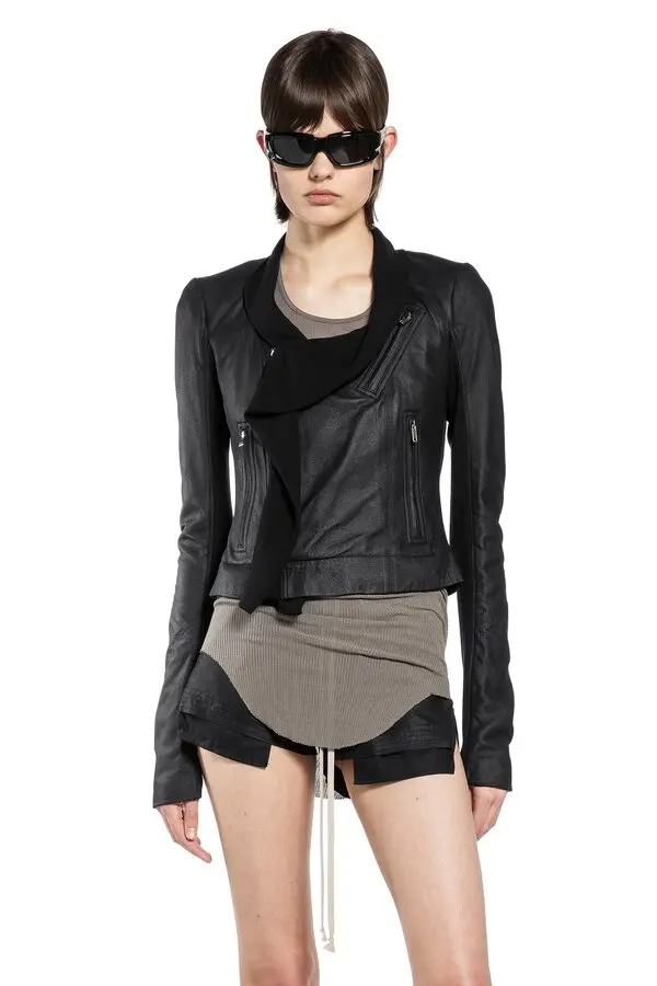 Rick Owens Lamb Leather Biker Jacket With Draped Silk Scarf - Black