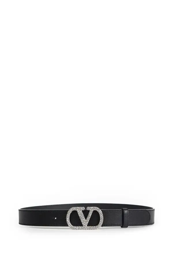 Valentino Garavani Crystal V Logo Leather Belt - Black