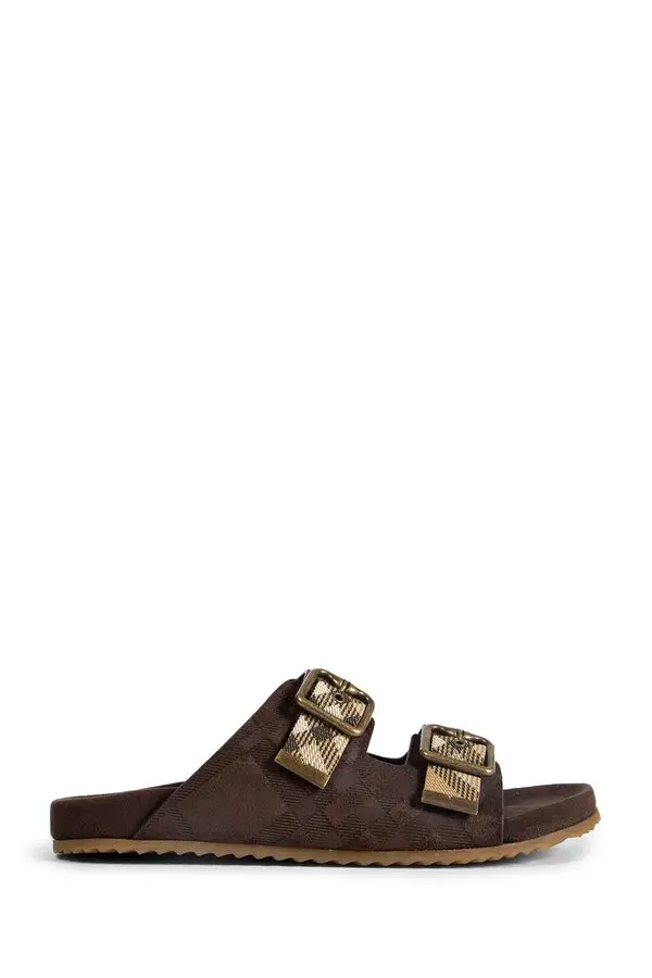 Burberry Double Buckle Checked Slides - Brown