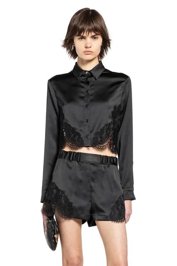 Versace Lace-trimmed Satin Cropped Shirt
