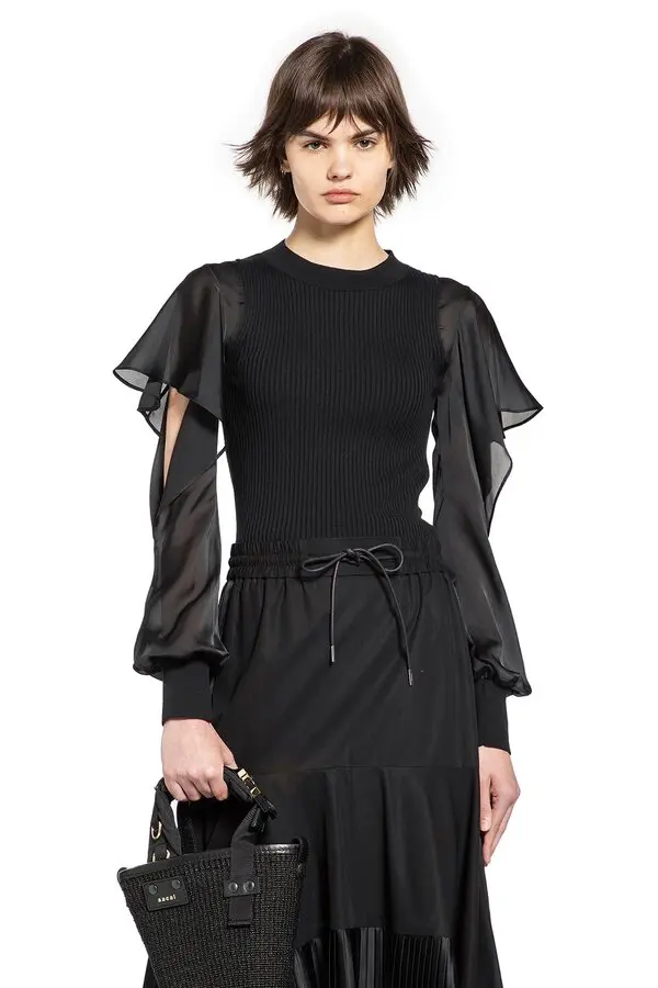 Sacai Satin X Cotton Knit Sweater With Ruffled Sleeves