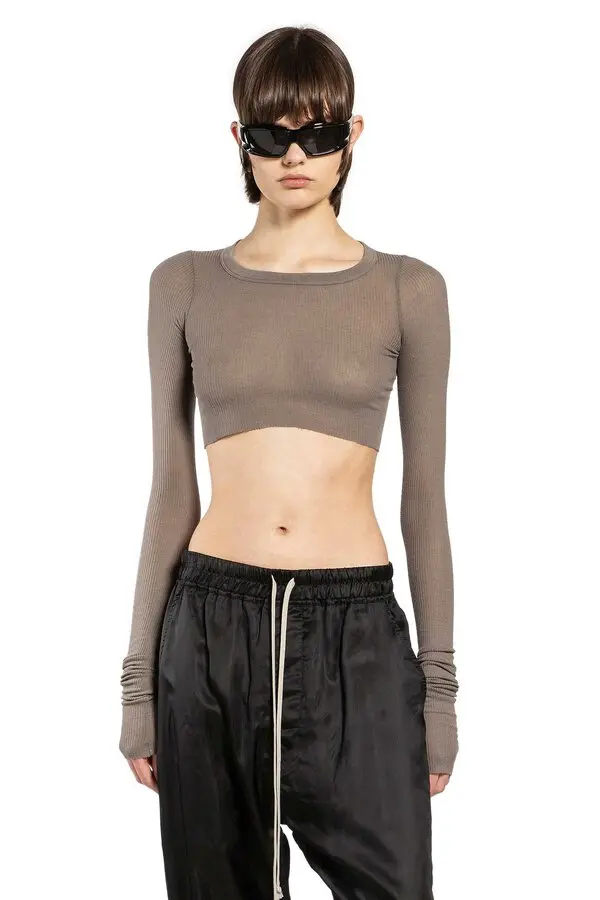 Rick Owens Temple Ls Crop Tee In Viscose Silk Rib - Brown