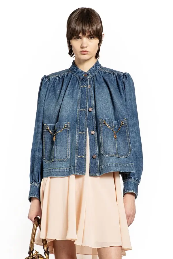 Chloé High Neck Gathered Denim Jacket With Gold Brass Horse Medal Chain - Blue