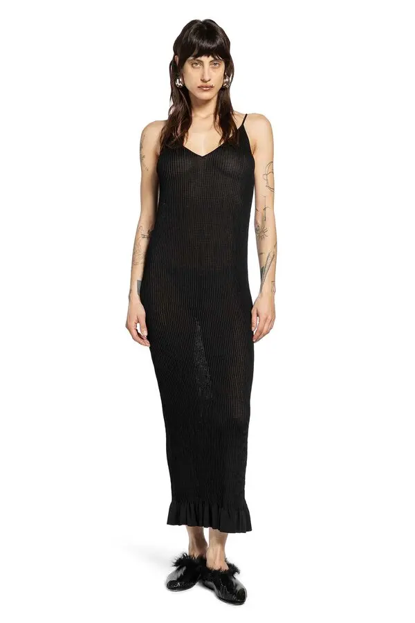 JIL SANDER Smocked Viscose Knit V-neck Maxi Slip Dress With Frill Hem