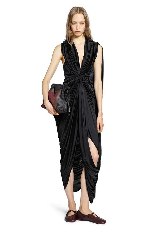 Loewe Gathered Satin V-neck Dress - Black