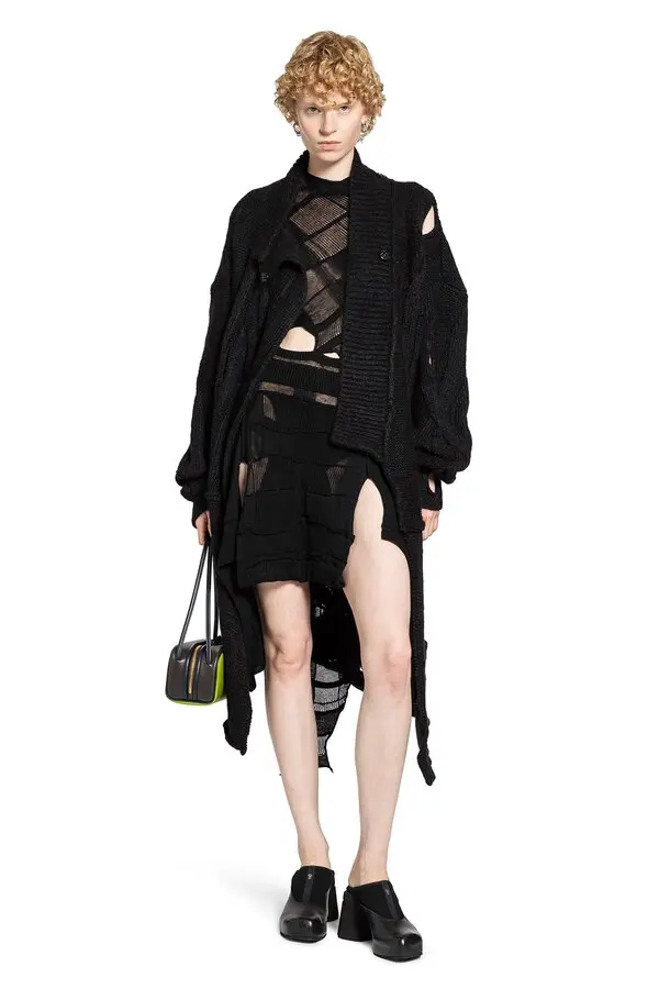 HALOS Alpaca Wool Cable Knit Coat With Distressed Details - Black