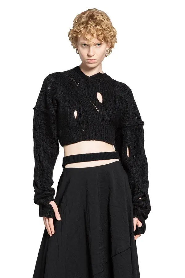 HALOS Alpaca Wool Cable Knit Cropped Top - Black