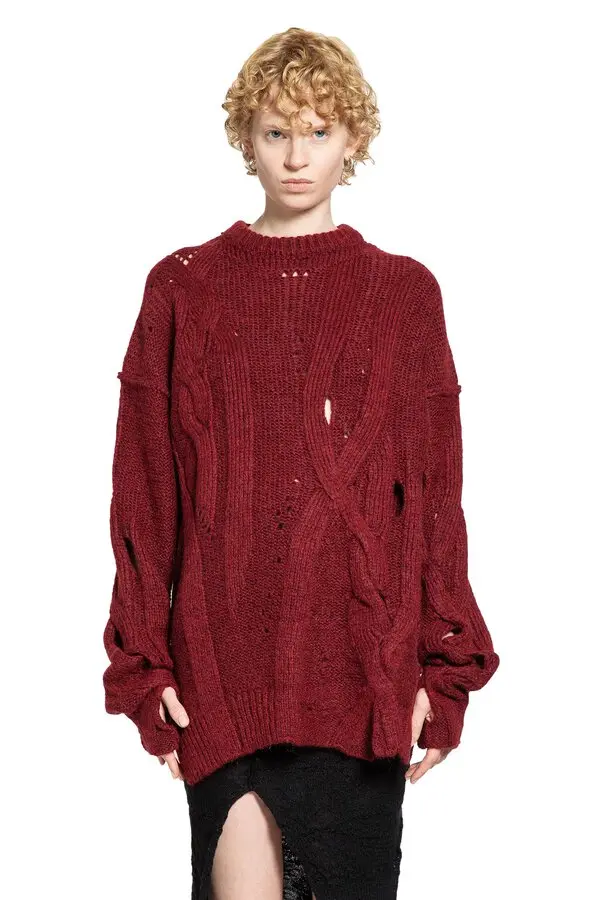 HALOS Alpaca Wool Cable Knit Distressed Crewneck Sweater