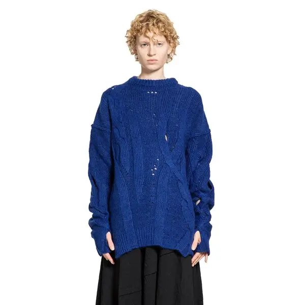HALOS Sapphire Alpaca Wool Cable Knit Distressed Sweater - Blue