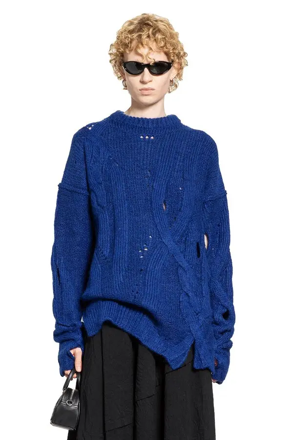 HALOS Sapphire Alpaca Wool Cable Knit Distressed Sweater