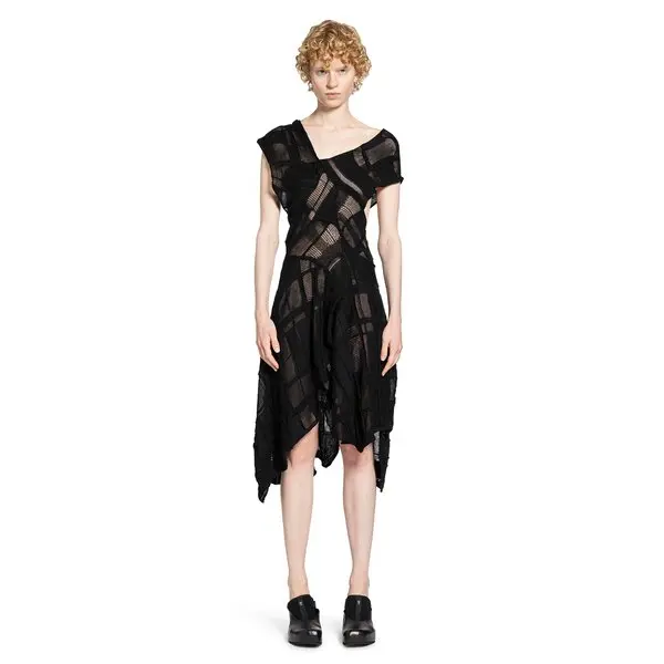 HALOS Asymmetric Sheer Checked Knit Dress