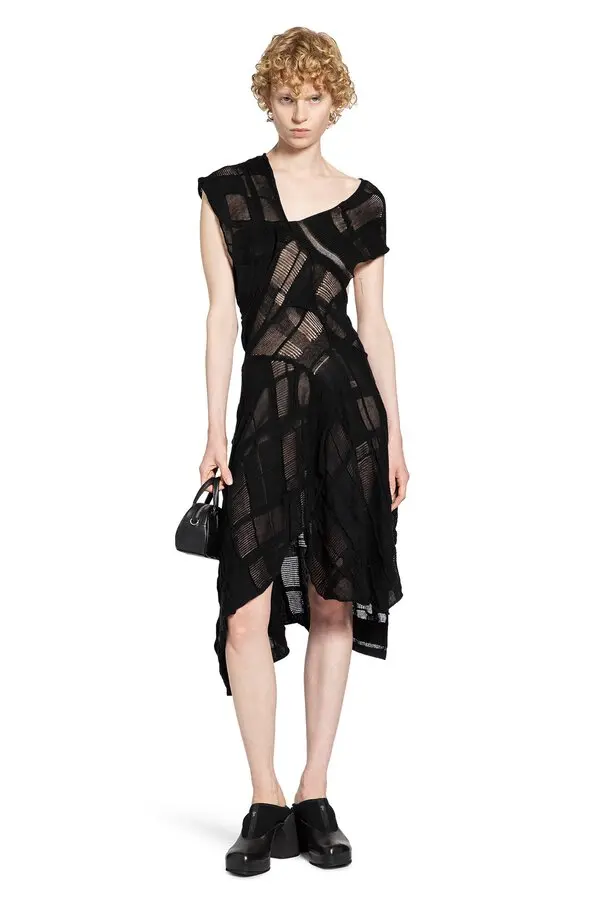 HALOS Asymmetric Sheer Checked Knit Dress
