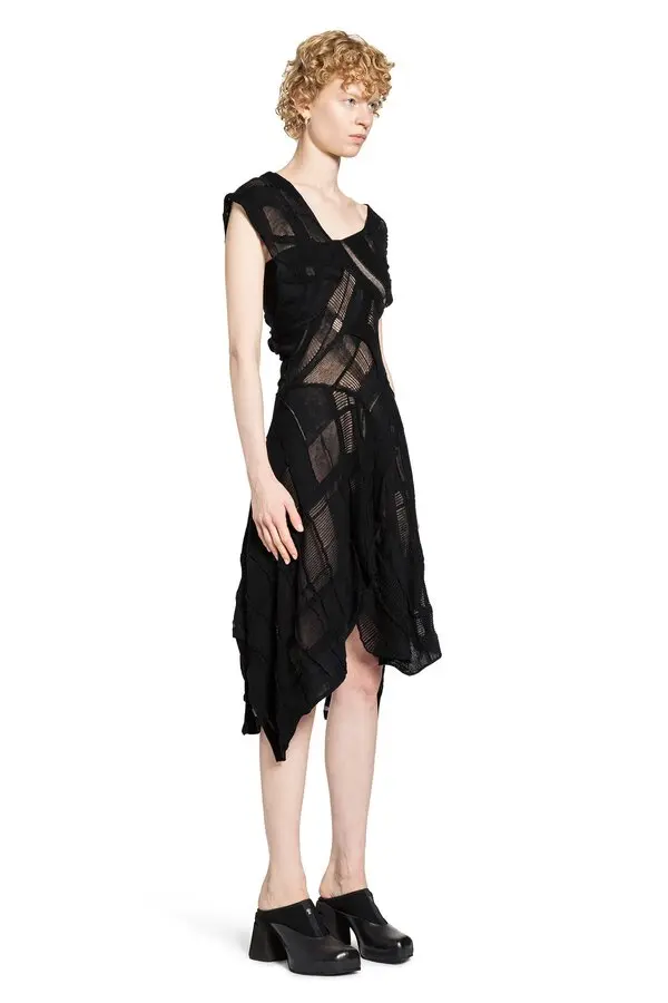 HALOS Asymmetric Sheer Checked Knit Dress