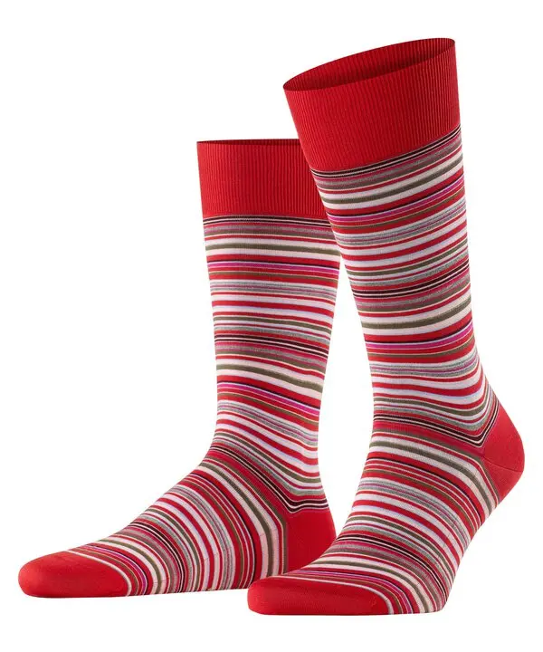 Falke Microblock Striped Cotton Dress Socks - Red