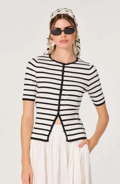 Astr The Label Henrie Striped Ribbed Short-sleeve Cardigan - Black White