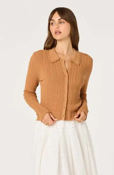 Astr The Label Kristen Pointelle Collar Cardigan - Nutmeg