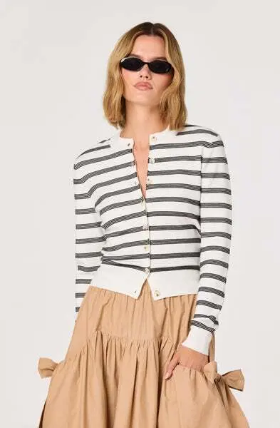 Astr The Label Tawni Striped Button-front Cardigan - Black White Stripe