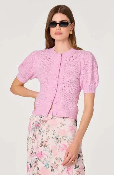 Astr The Label Kaydence Puff Sleeve Bobble Stitch Cardigan - Pink