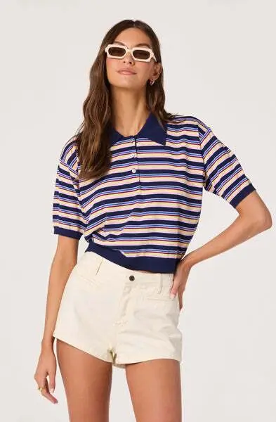 Astr The Label Scottie Striped Knit Polo Sweater - Navy Multi Stripe