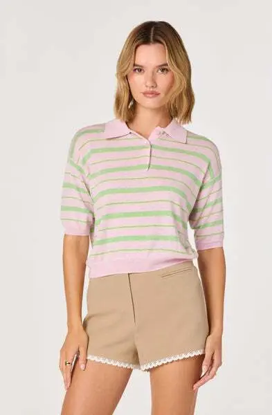Astr The Label Scottie Striped Knit Polo Sweater - Pink Stripe