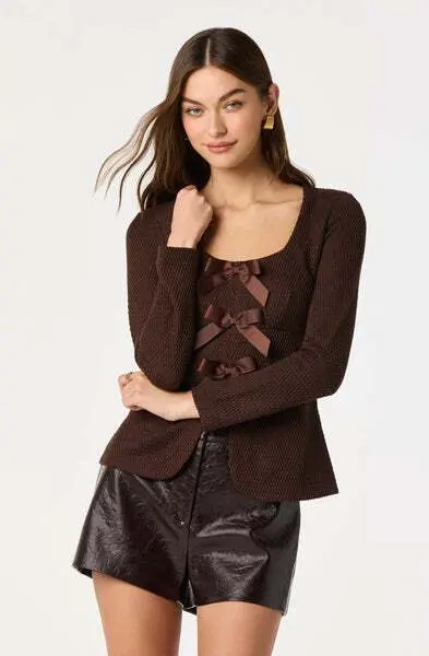 Astr The Label Textured Bow Flyaway Top - Brown