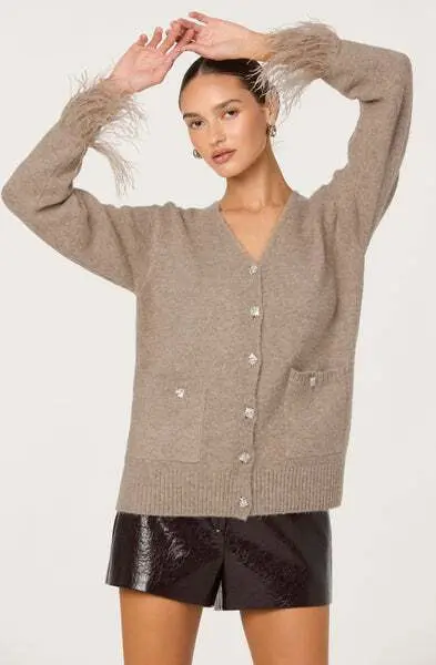 Astr The Label Grie Embellished Feather Trim Cardigan - Taupe