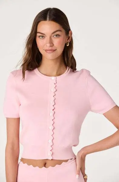 Astr The Label Scalloped Placket Ribbed Cardigan - Pink