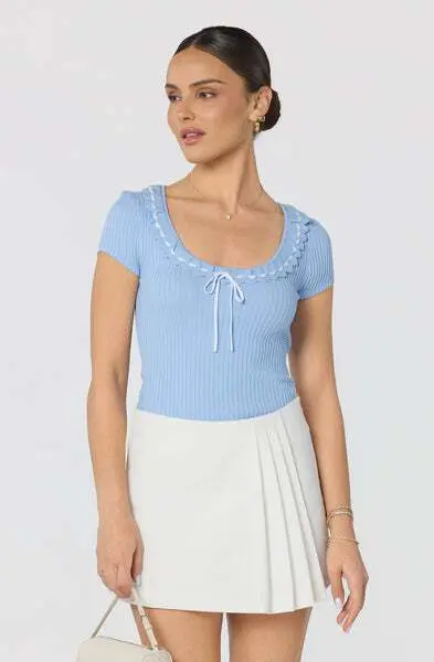 Astr The Label Lina Ruffle Trim Ribbed Sweater Top - Blue