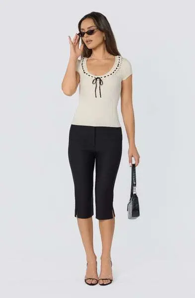 Astr The Label Lina Ruffle Trim Ribbed Sweater Top - Cream