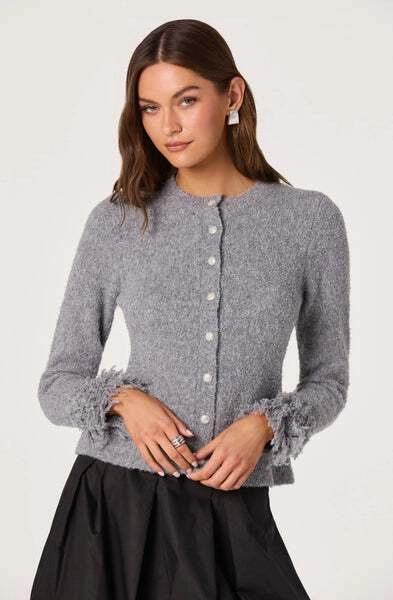 Astr The Label Fringe Sleeve Crewneck Cardigan - Grey