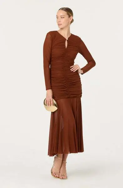 Astr The Label Yasmine Ruched Long Sleeve Maxi Dress - Rust