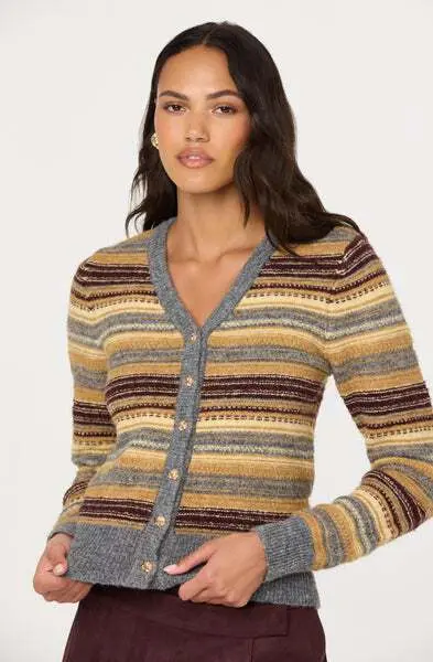 Astr The Label August Striped V-neck Cardigan - Grey Stripe