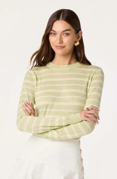 Astr The Label Striped Semi-sheer Crewneck Sweater - Green Stripe