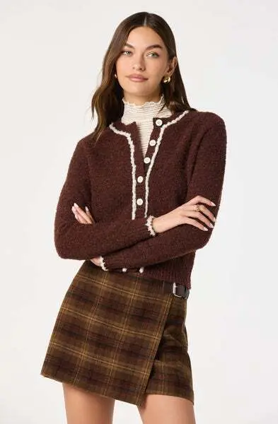 Astr The Label Contrast Stitch Textured Cardigan - Brown
