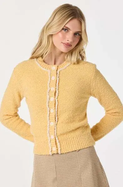 Astr The Label Contrast Stitch Textured Cardigan - Yellow
